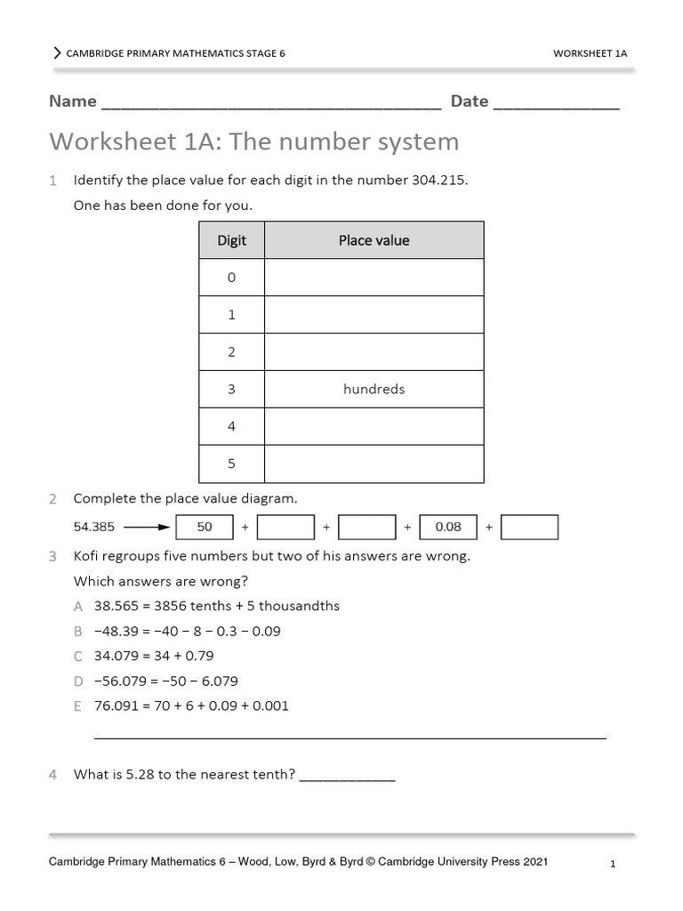 Prim Maths 6 2ed TR Diff Ws 1a | PDF