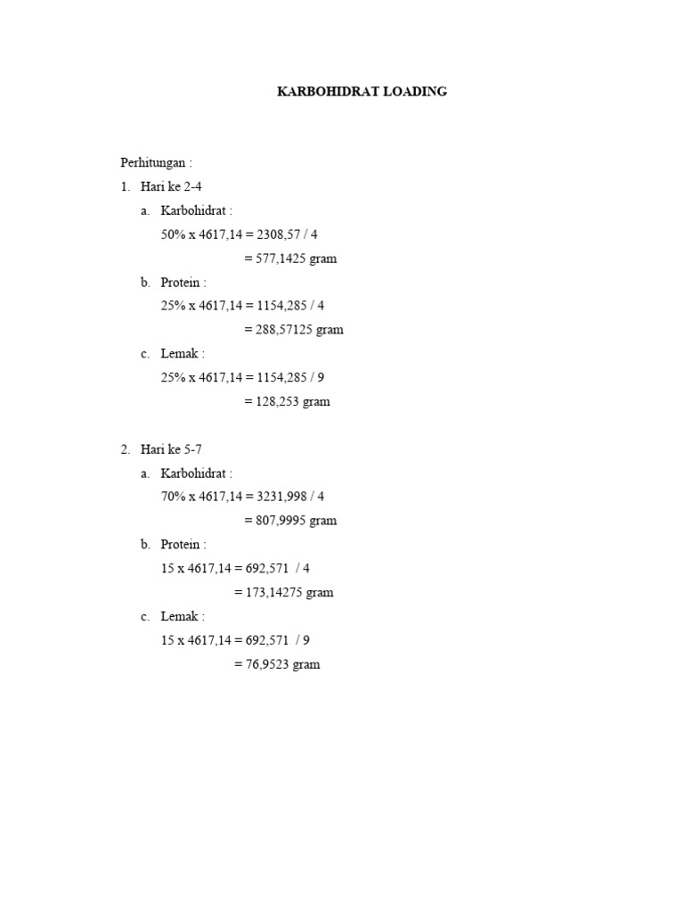 Contoh Perhitungan Dan Menu Karbohidrat Loading | PDF