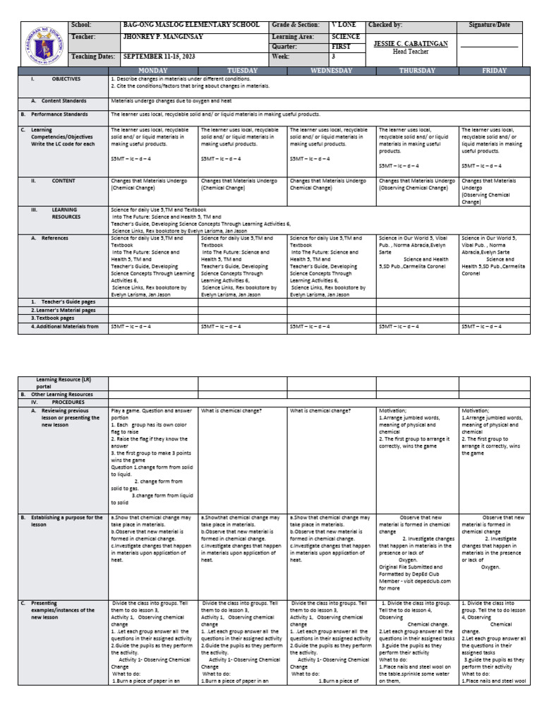 DLL - Science 5 - Q1 - W3 | PDF