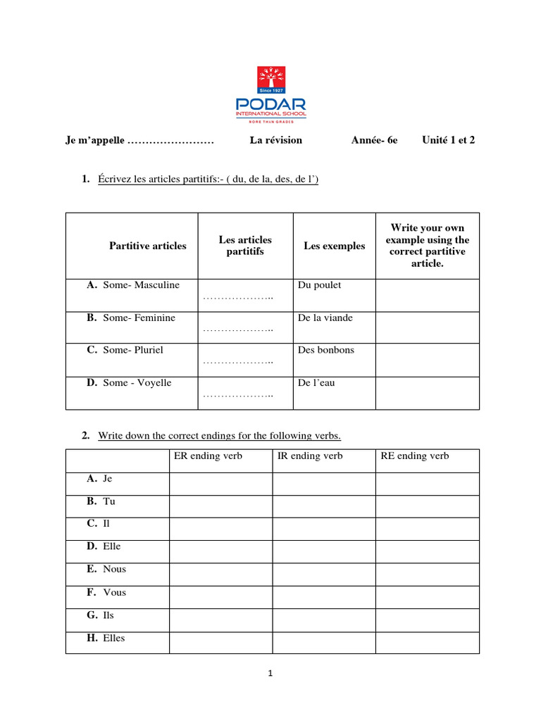 Grade 6 - French Revision Ws - Self Study | PDF