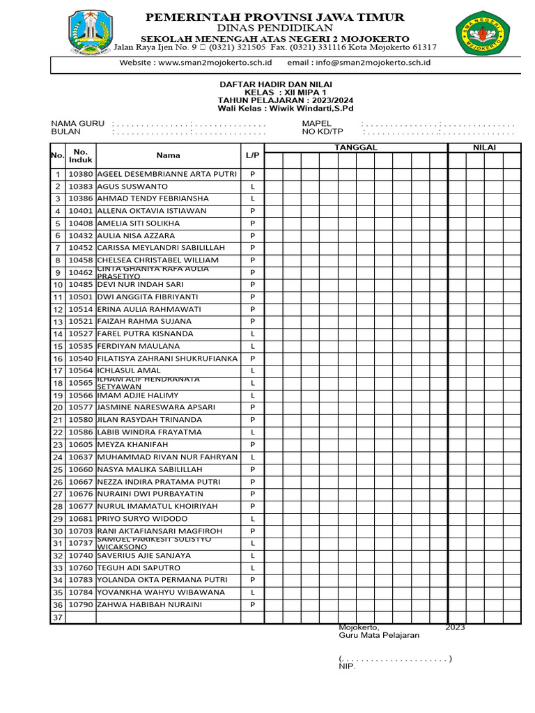 Daftar Hadir Dan Nilai Semester Ganjil 2023 2024 | PDF