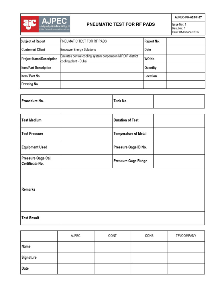 PR-025-F-27 Pneumatic Test For RF Pads | PDF