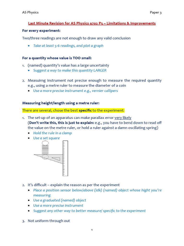 AS Physics 9702 P3 Last Minute Revision - Limitations & Improvements ...