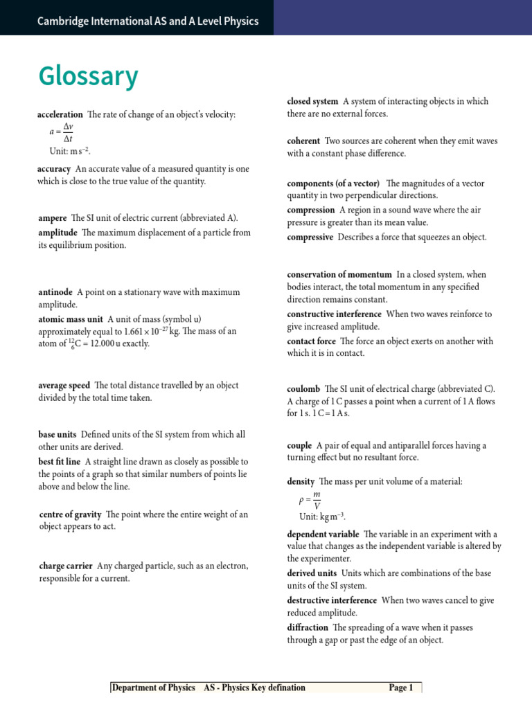 AS & A Level Physics Key Definitions | PDF | Force | Waves
