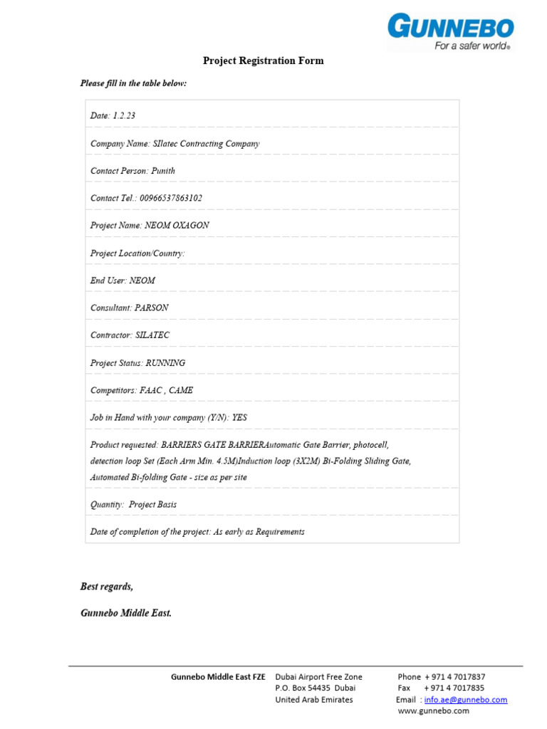 Gunnebo Project Registration Form1 | PDF
