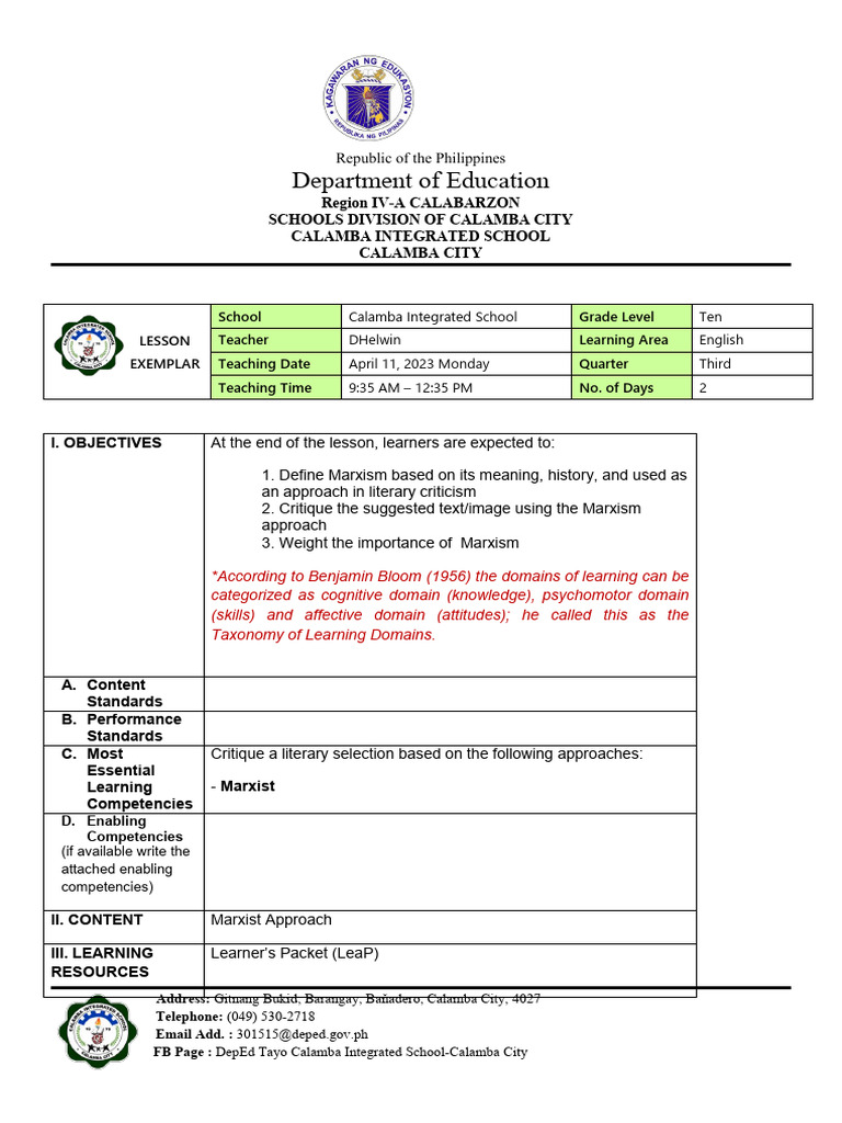 MARXISM Literary Approach Lesson Plan | PDF
