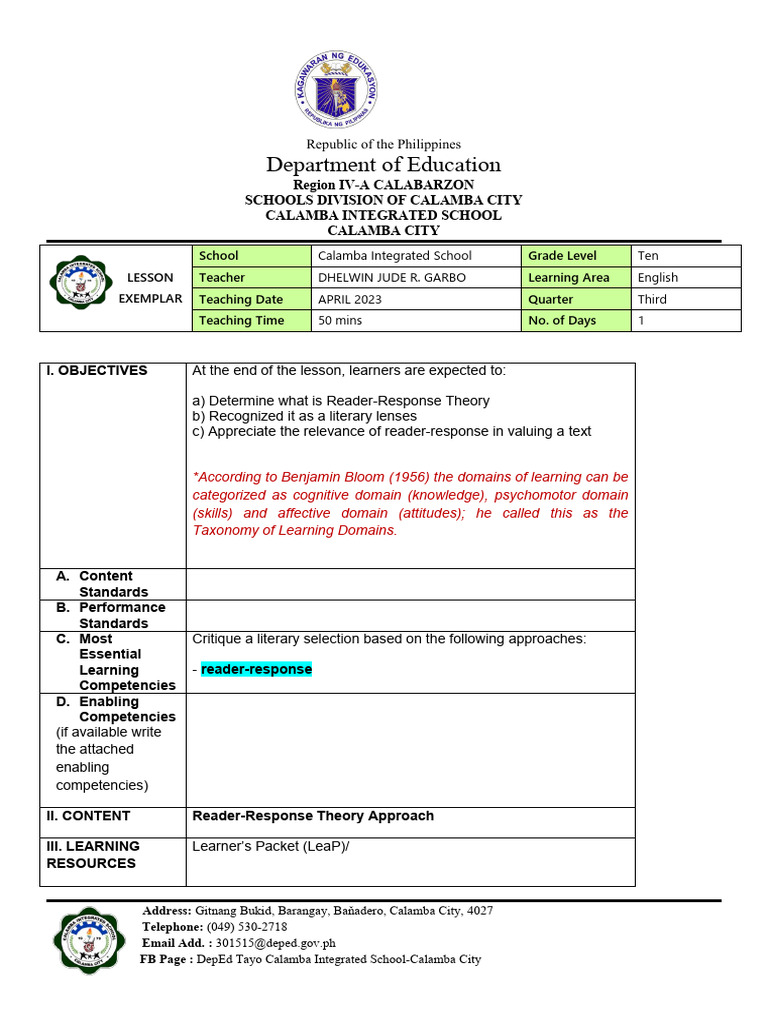 READER-RESPONSE Literary Approach Lesson Plan | Download Free PDF ...