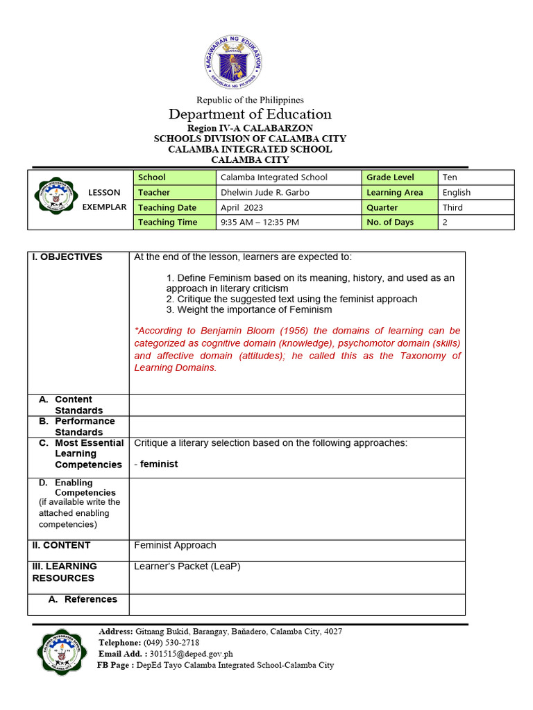 FEMINISM Literary Approach Lesson Plan | PDF | Feminism | Gender Studies