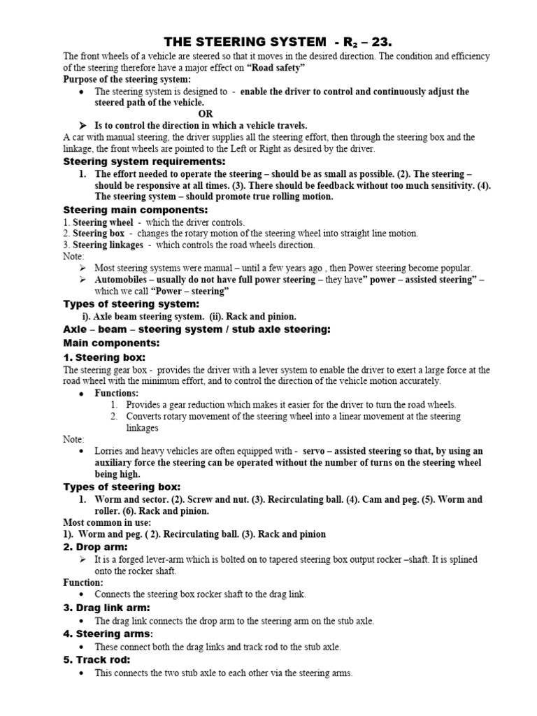 The Steering System - Summary | PDF | Steering | Axle