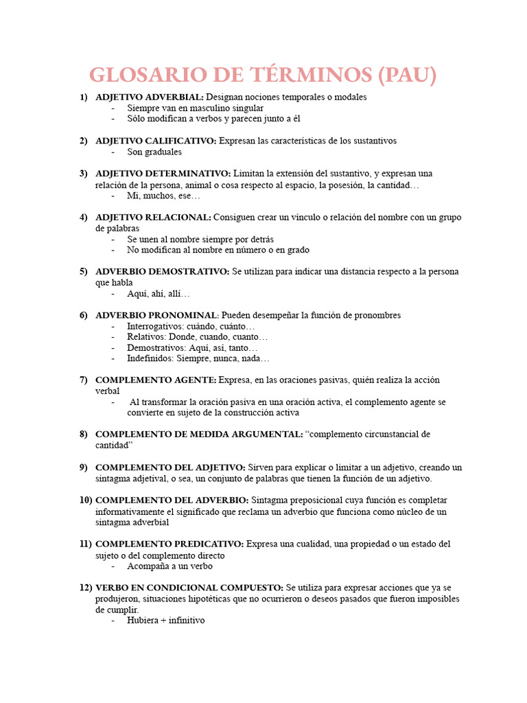Glosario de Términos (PAU) | PDF | Adverbio | Adjetivo