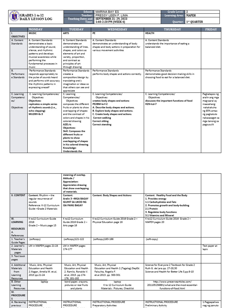 DLL - Mapeh 2 - Q1 - W3 | PDF | Curriculum | Foods
