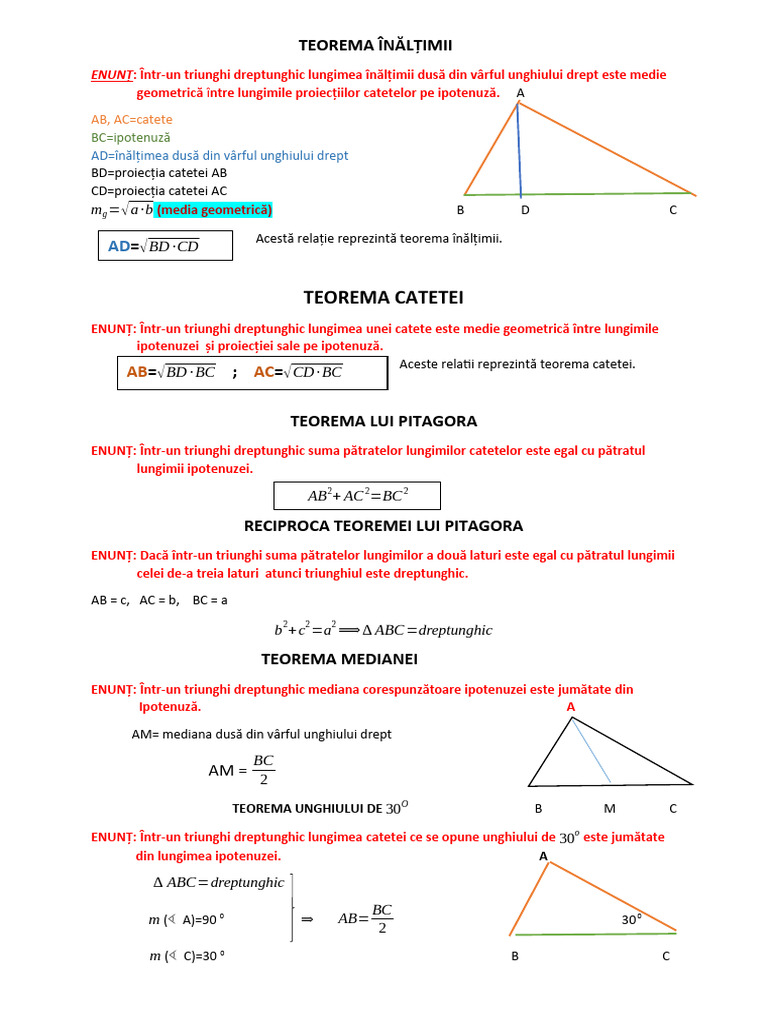 Teorema Inaltimiicatetei Pitagora Medianei Unghiului de 30 Grd. | PDF
