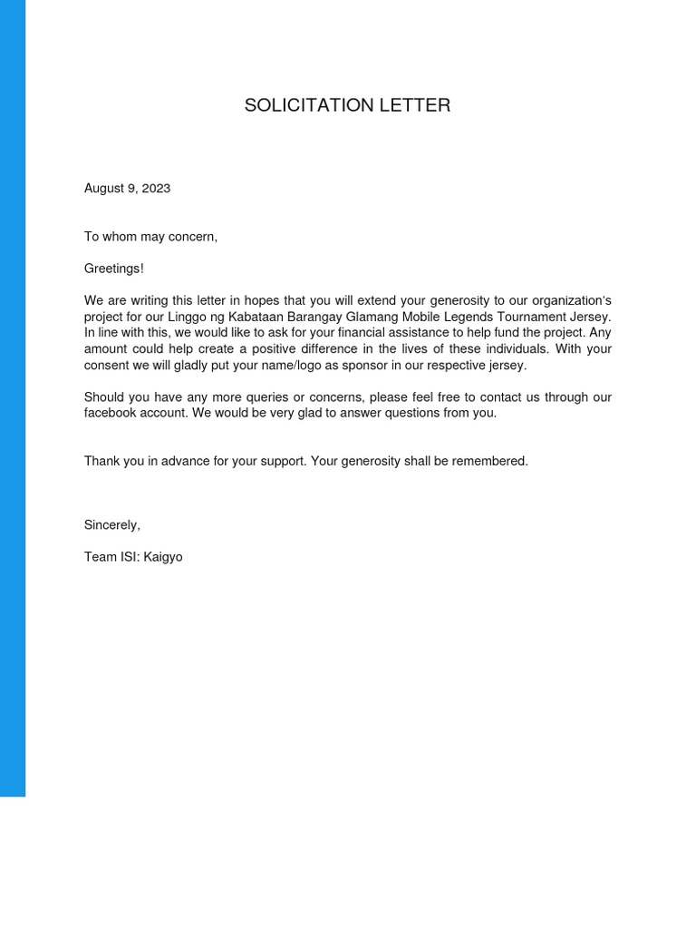 Solicitation Letter For Financial Support | PDF | Games & Activities | Social Science