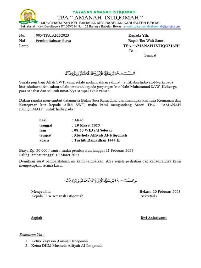 Surat Pemberitahuan Biaya Tarhib Ramadhan 1444H | PDF