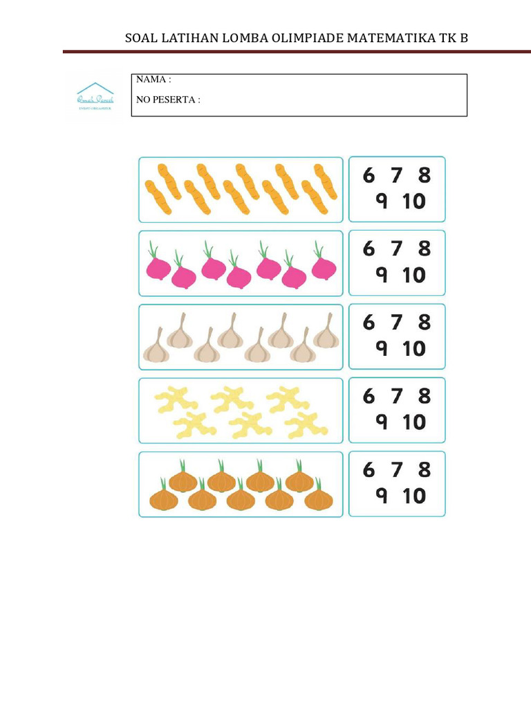 Soal Latihan Lomba Olimpiade Matematika TK B: Nama: No Peserta | PDF