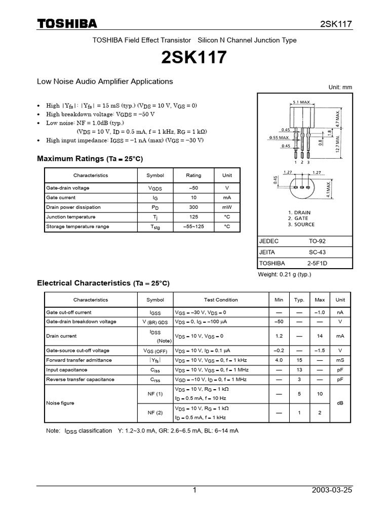 2SK117 JFET Transistor Datasheet | PDF | Field Effect Transistor ...