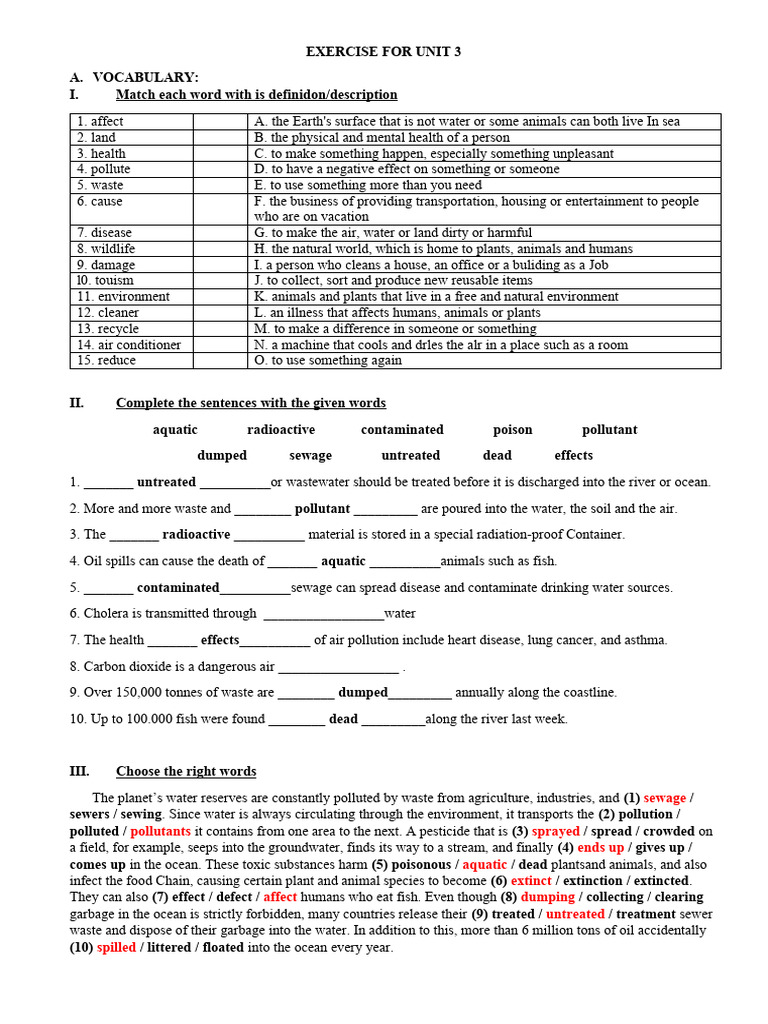 Exercise Unit 3 | PDF | Waste | Water Pollution