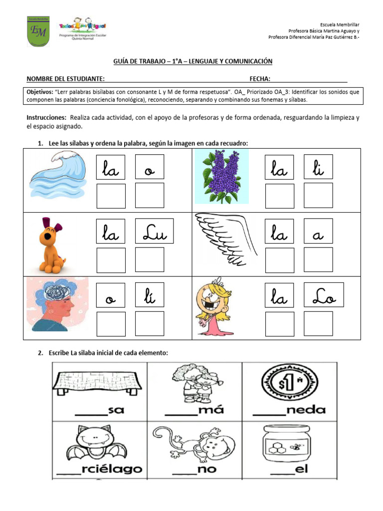 Guía de Lenguaje 1°A: Palabras Bisílabas | PDF