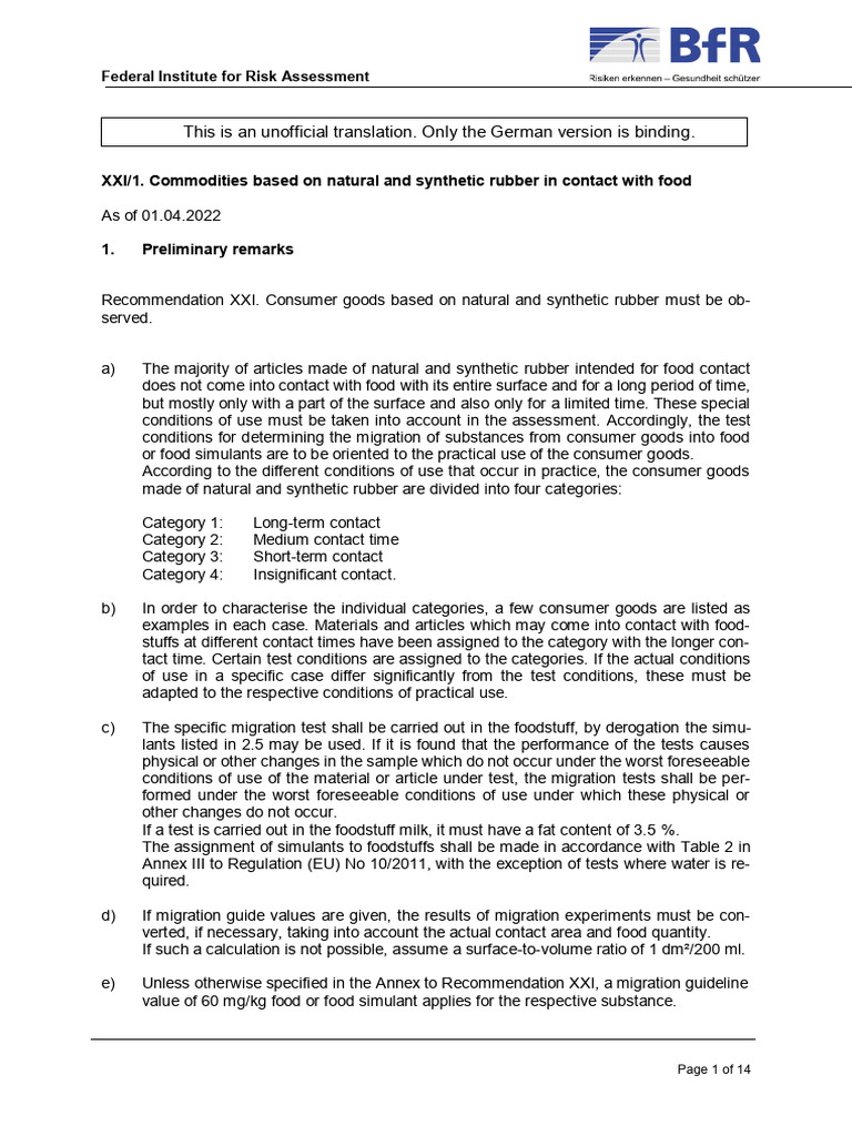 BFR Recommendation XXI 1 Rubber Contact Food EN PDF Copolymer