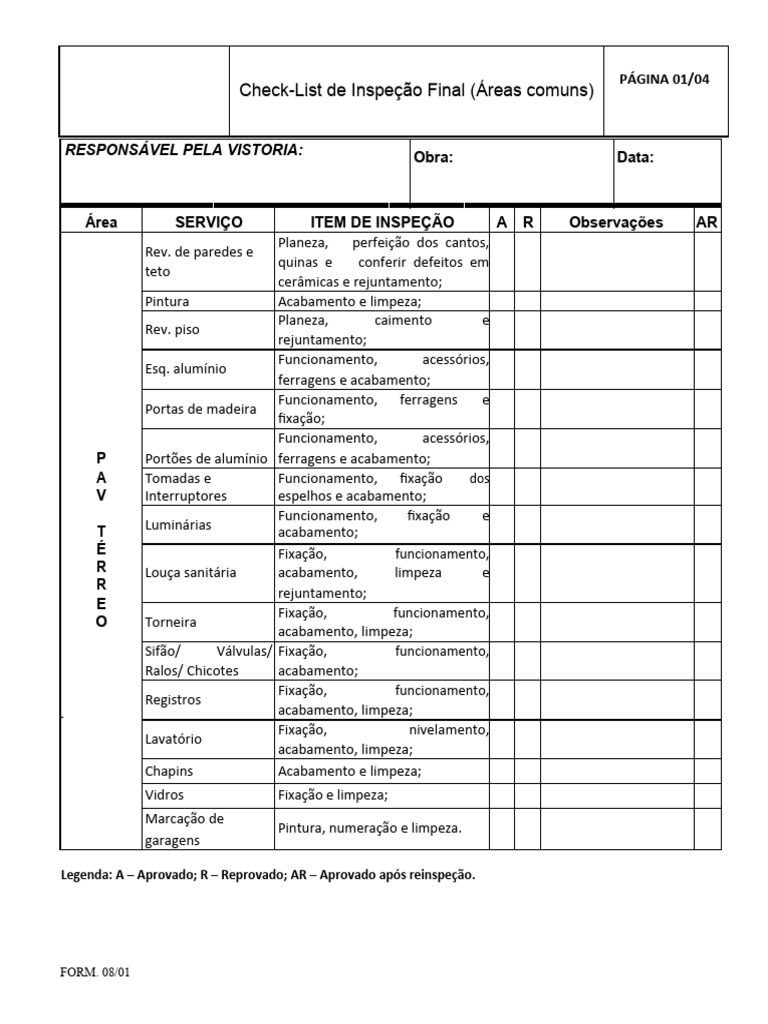 FORM. 08 V01 - Check-List de Inspeção Final (Áreas Comuns) | PDF ...