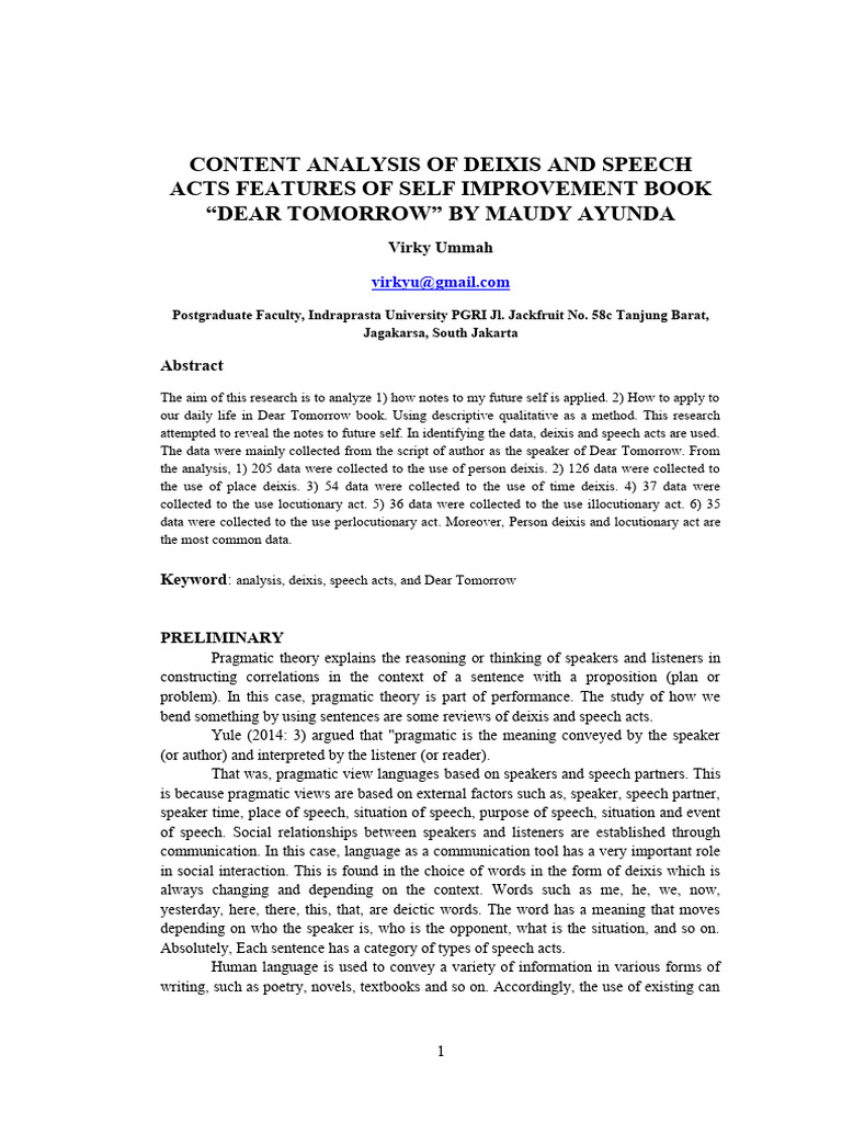 Content Analysis of Deixis and Speech Acts Features of Self Improvement ...