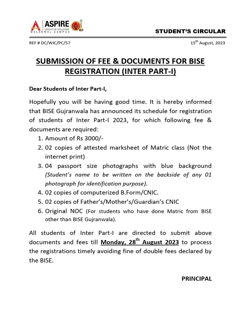 BISE Reg Fee & Doc 2023 | PDF