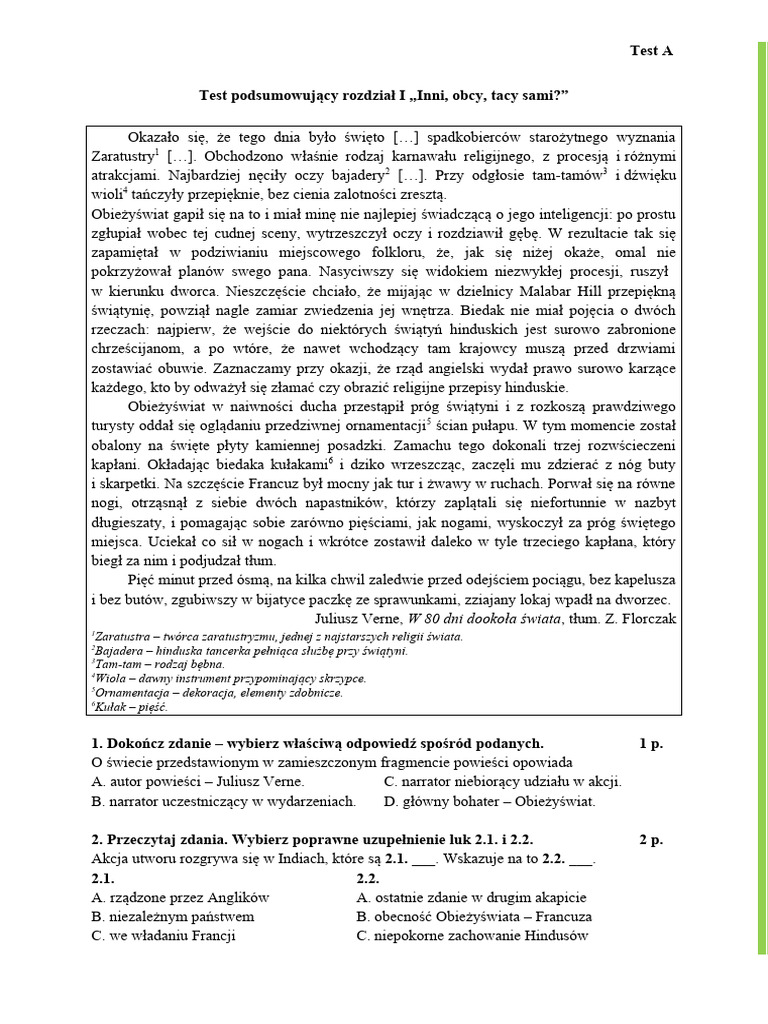 Test Podsumowujacy Do Rozdzialu I Inni Obcy Tacy Sami Wersja A | PDF