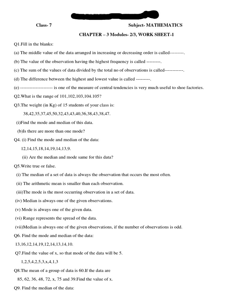Class VII Maths Data Handling Worksheet 2 - 3 | PDF | Technology ...