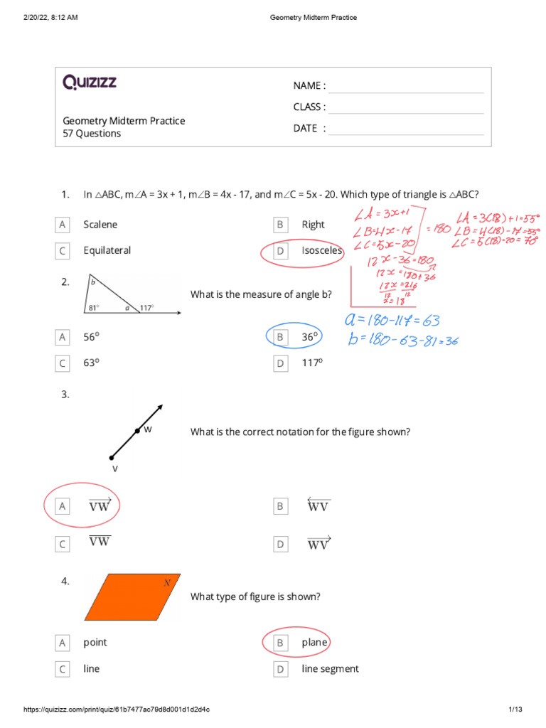 Geometry Midterm Practice | PDF | Line (Geometry) | Triangle