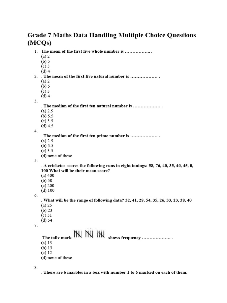 Grade 7 Maths Data Handling Multiple Choice Questions | PDF | Mean ...