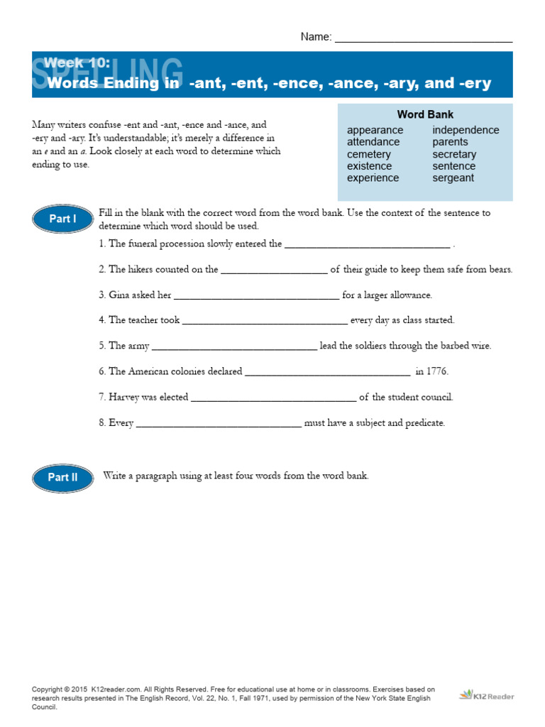 WK 10 Words Ending in Ant Ent Ence Ance Ary Ery | PDF