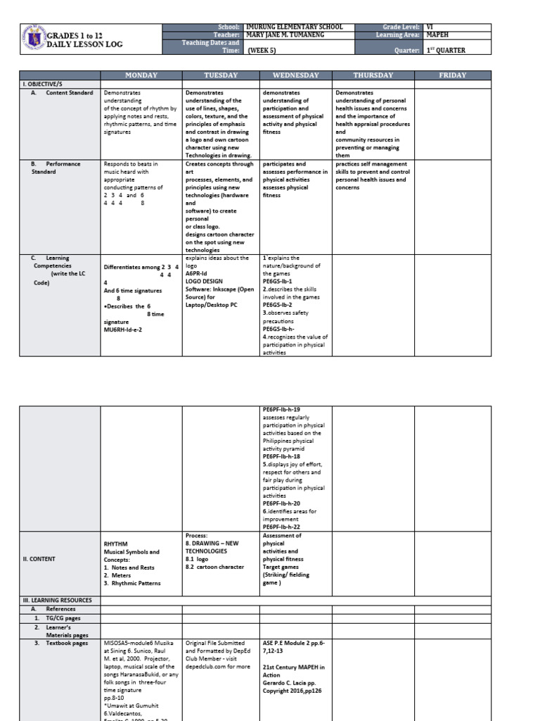 DLL - Mapeh 6 - Q1 - W5 | PDF | Learning | Rhythm