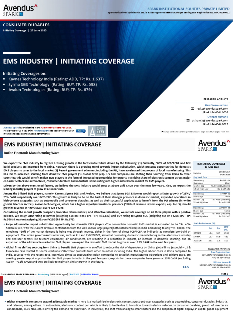 Avendus Spark Initiating Coverages On EMS Industry Kaynes Technology ...