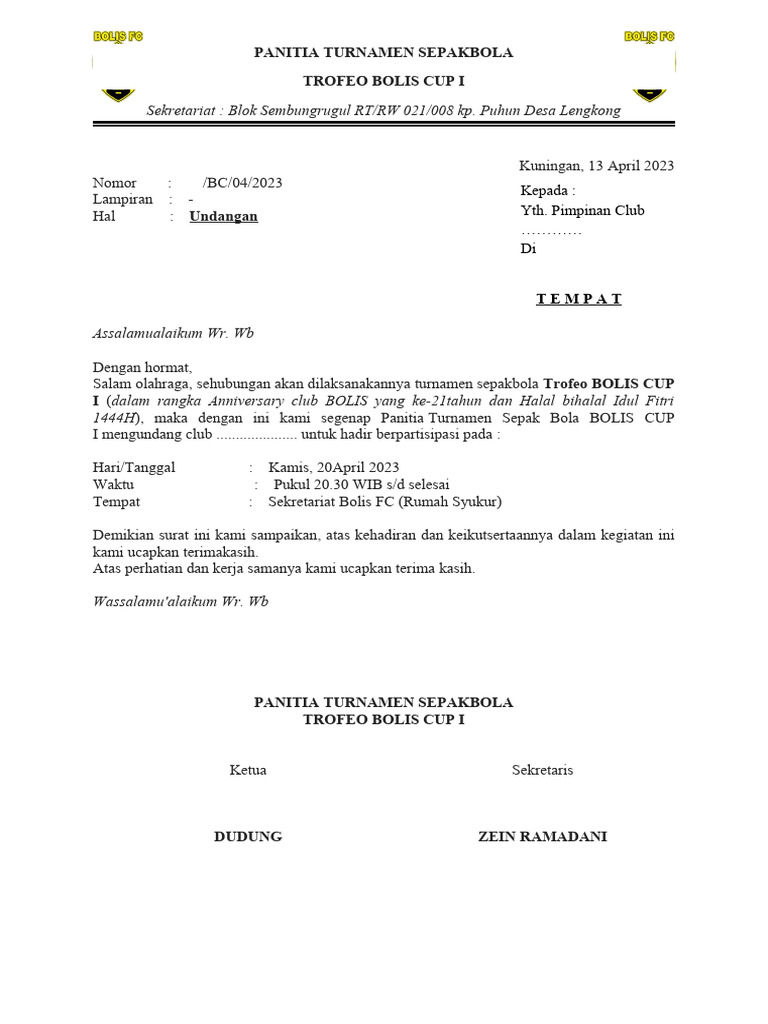 Undangan Turnamen Sepakbola BOLIS CUP I | PDF