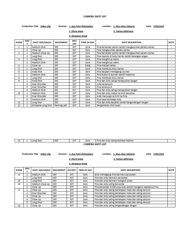 Video Clip Camera Shot List | PDF