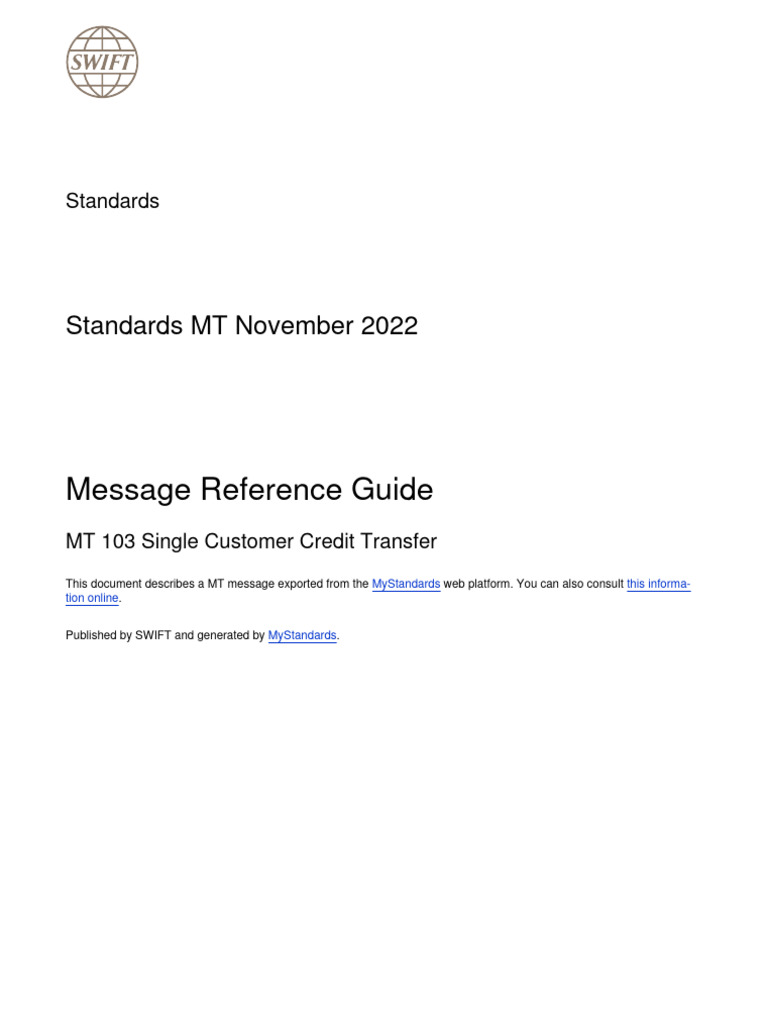 MT 103 Swift Message Specifications | PDF | Debit Card | Euro