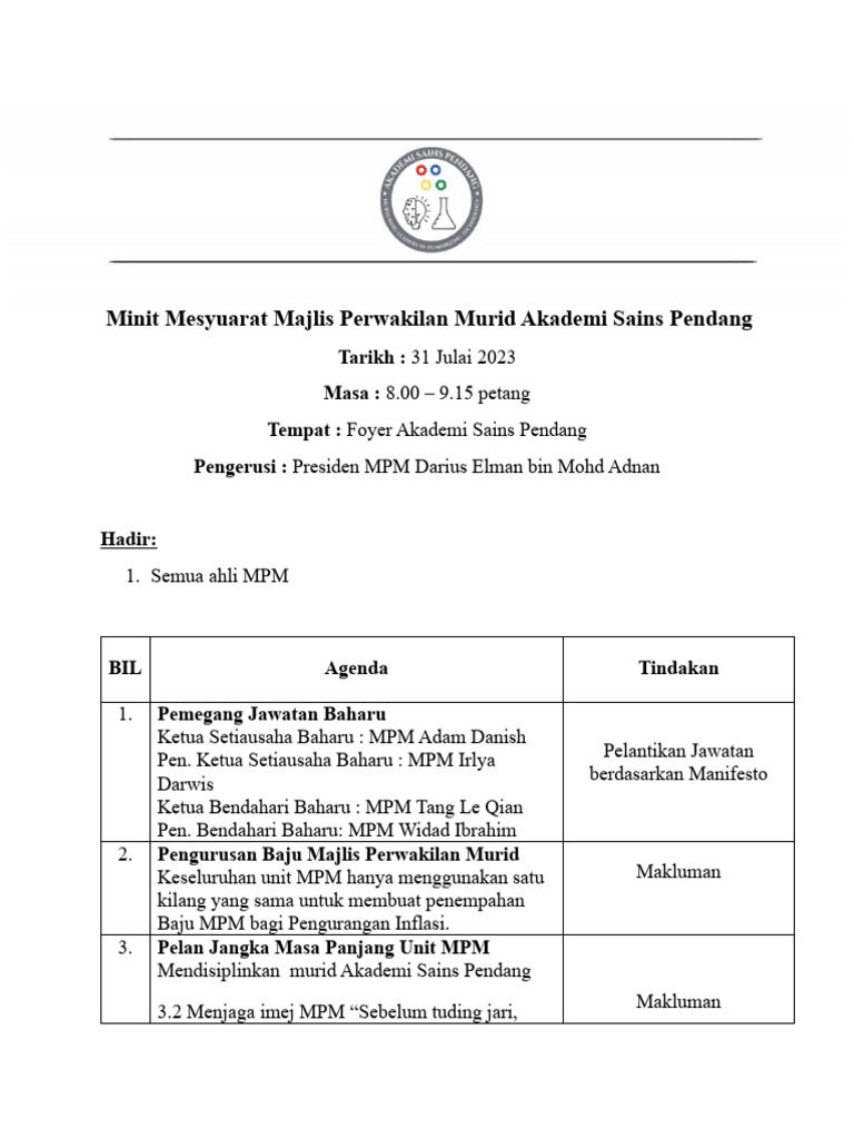 Contoh Minit Mesyuarat | PDF