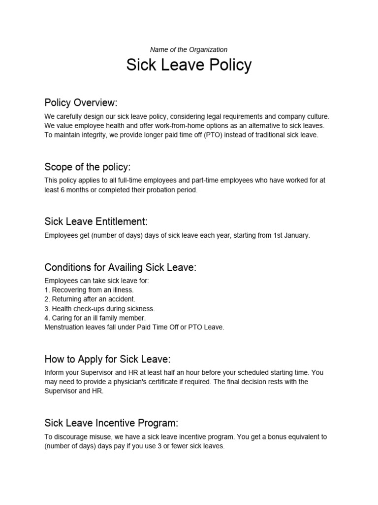 Sick Leave Policy Sample Template - Pazcare | PDF