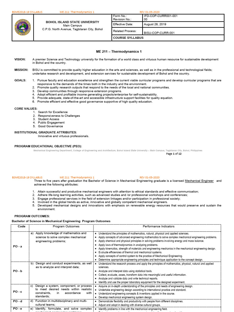 ME 211 Thermodynamics Syllabus | PDF | Engineering | Heat