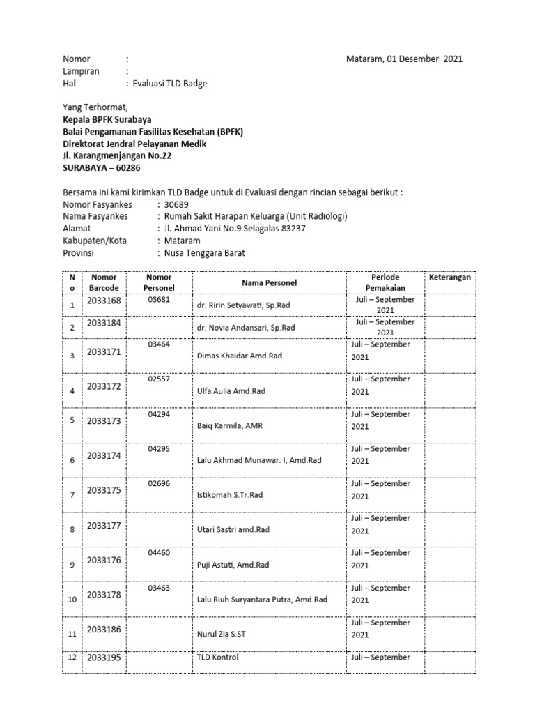 Pengukuran TLD - Periode Jul Sept 2021 | PDF