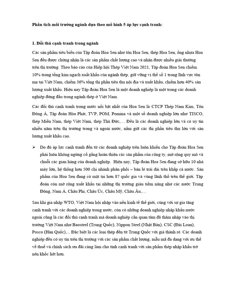 Phân tích môi trường ngành của tập đoàn Hoa Sen | PDF