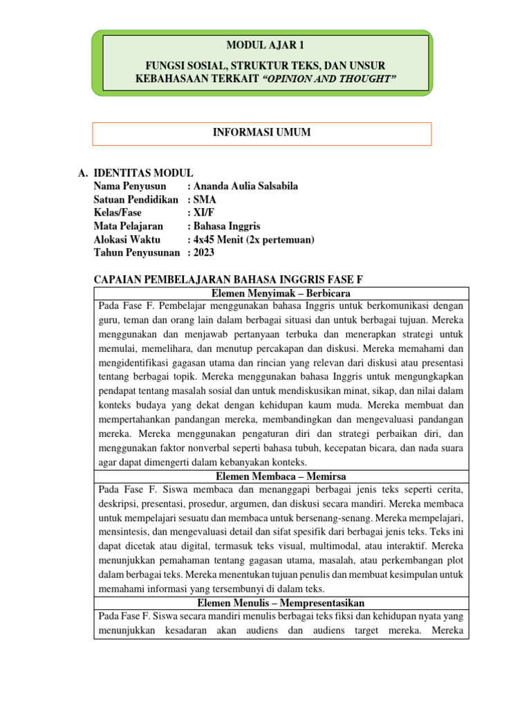 Modul Ajar Opinion Ananda Aulia Salsabila | PDF