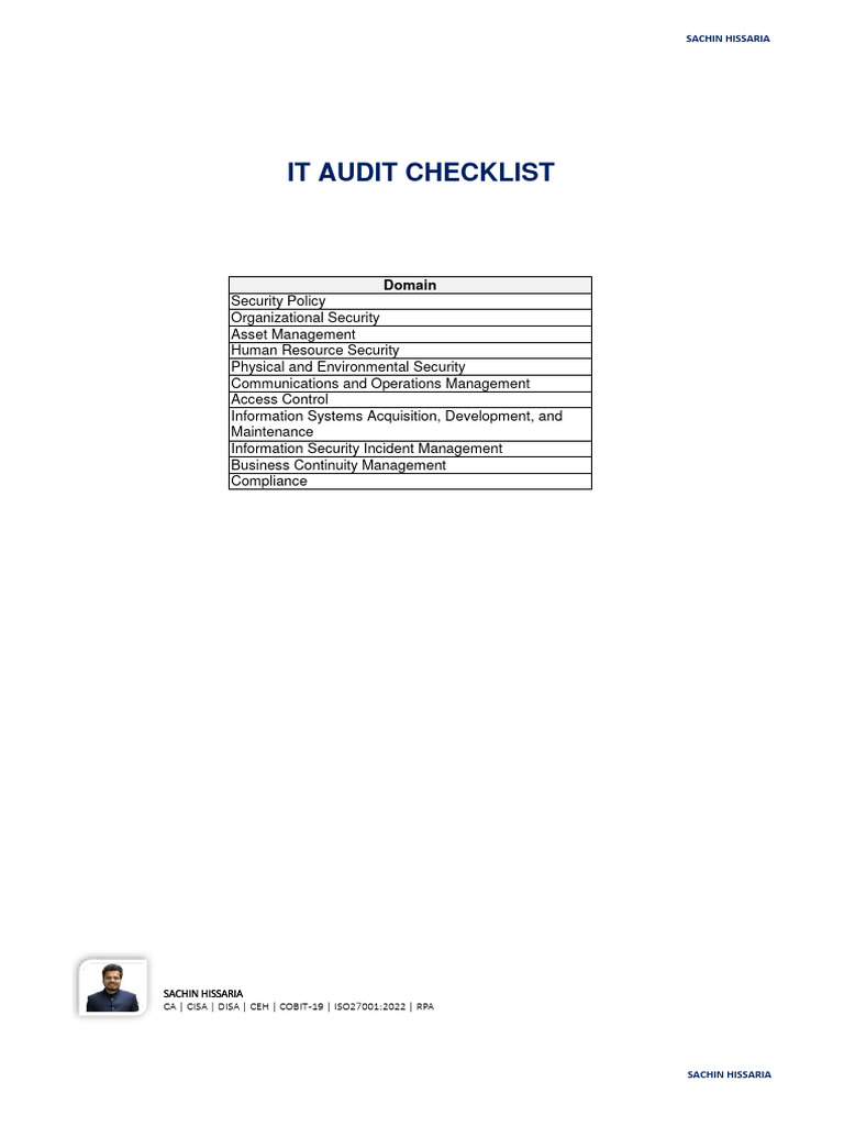 IT Audit Checklist Sachin Hissaria 1691968387 | PDF | Information ...