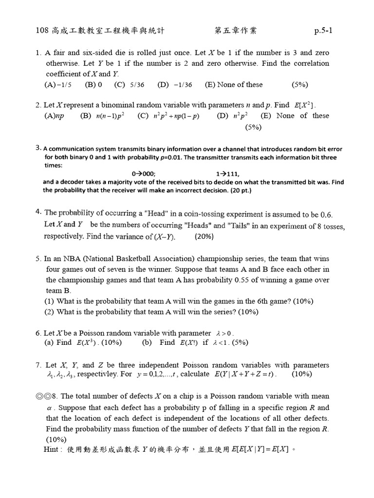 079c9aee 108工程機率ch5作業 | PDF | Statistical Models | Probability