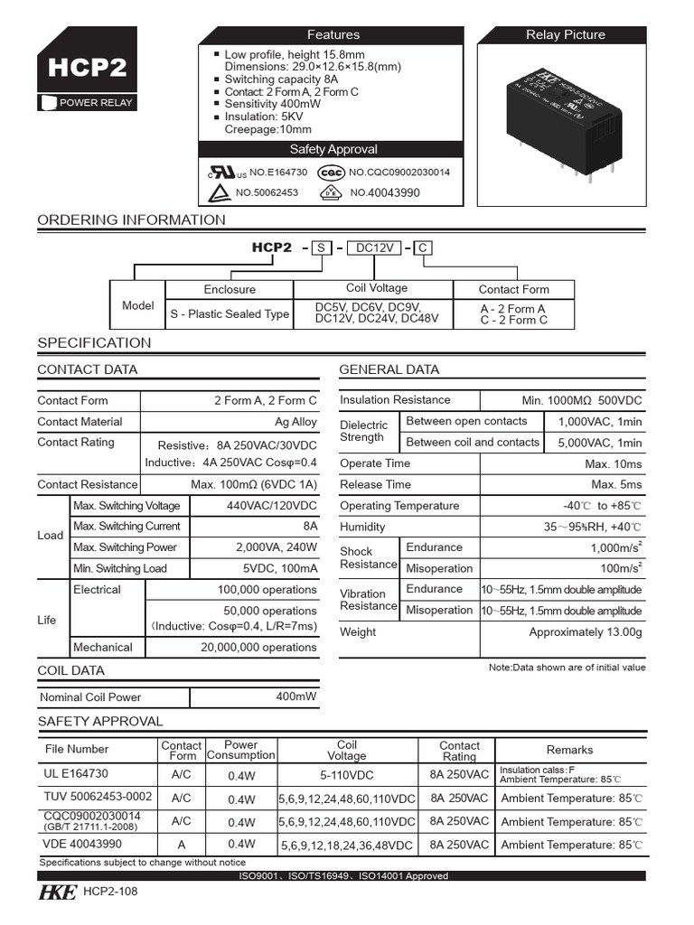 HCP2 S DC12V C | PDF | Insulator (Electricity) | Relay
