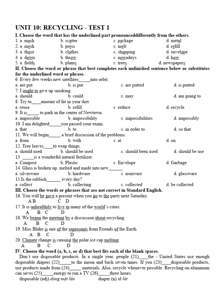 Bai Tap Tieng Anh Lop 8 Unit 10 Recycling de 1 | PDF | Glasses | Recycling
