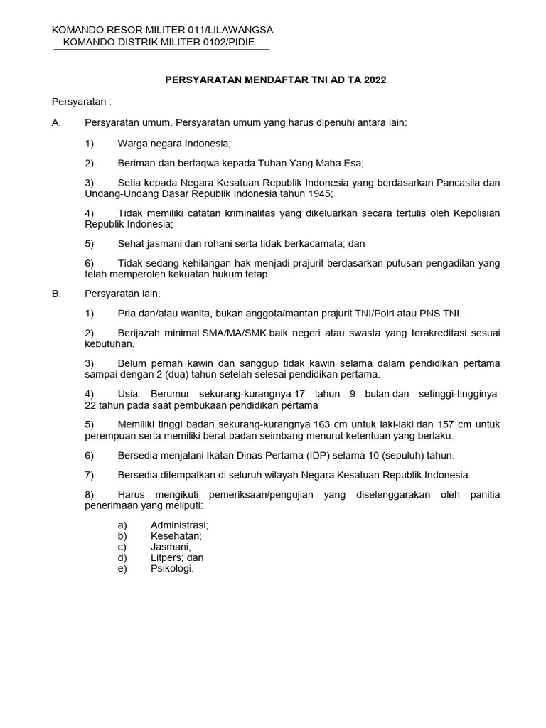 Persyaratan Daftar Tni Ad | PDF