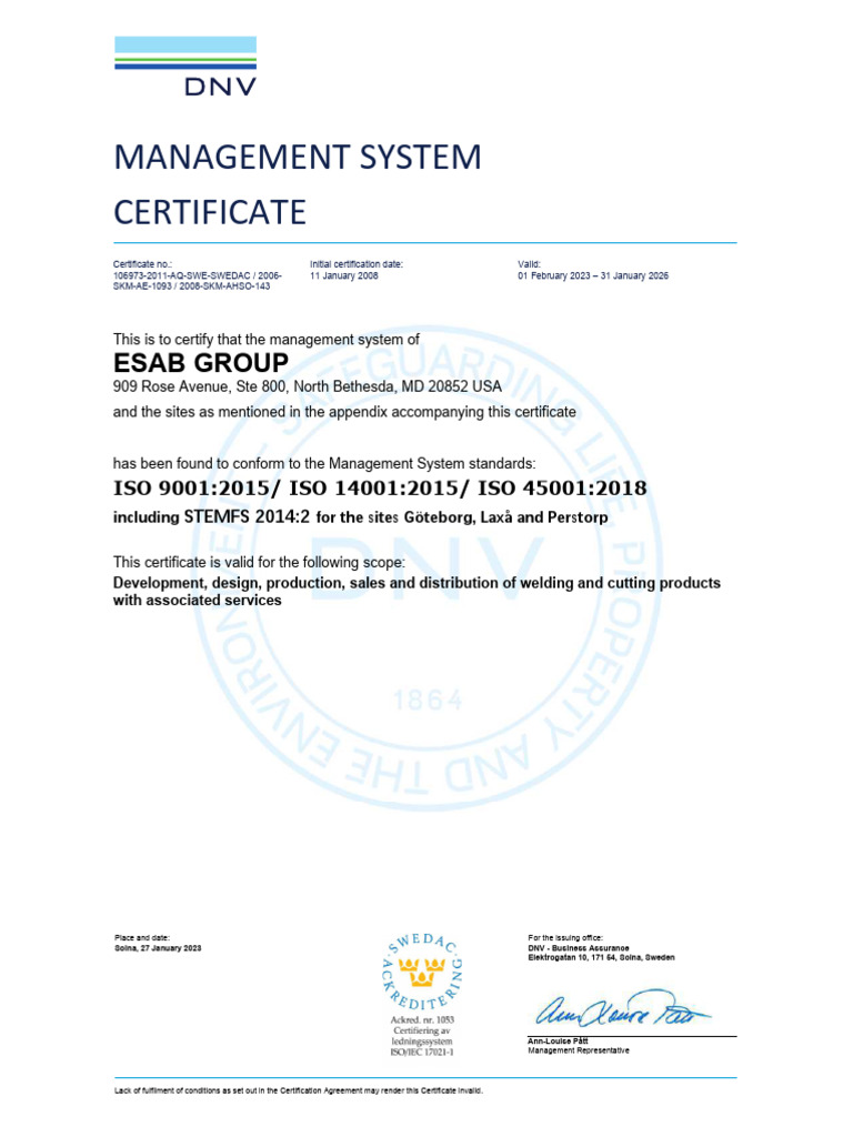 ESAB Group ISO Certification Details | PDF | Business | Applied And ...