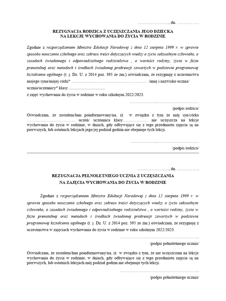 Rezygnacja Rodzica Z Uczęszczania Jego Dziecka Na Lekcje Wychowania Do Życia W Rodzinie | PDF
