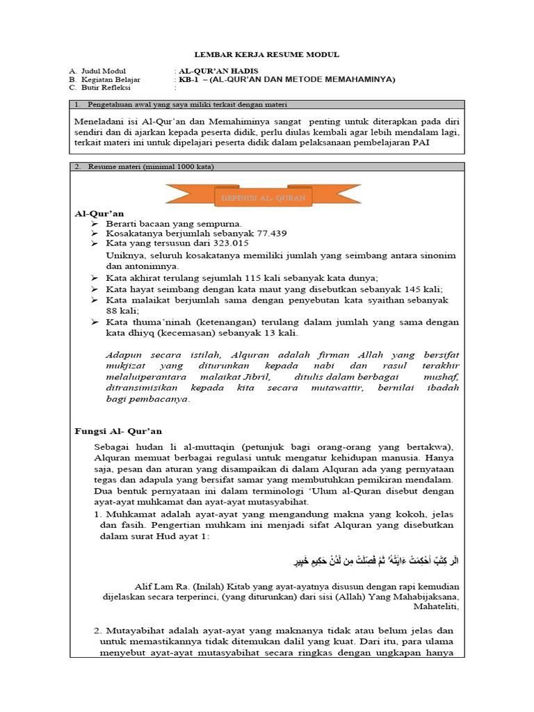 Lembar Kerja Resume Modul Kb-1 Al-Qur'an Hadis | PDF | Filsafat | Seni & Disiplin Bahasa